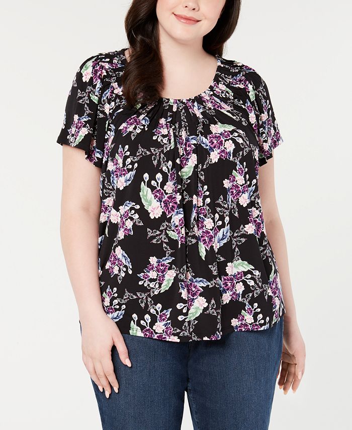 Style And Co Plus Size Printed Pleated Neck Top Created For Macys Macys