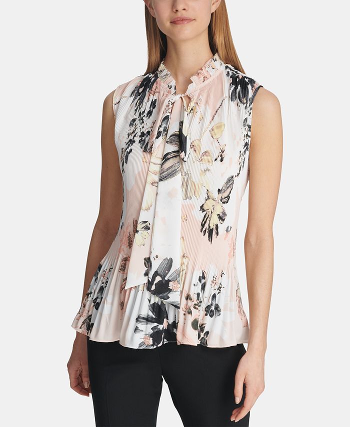 DKNY Pleated Tie-Neck Shell - Macy's