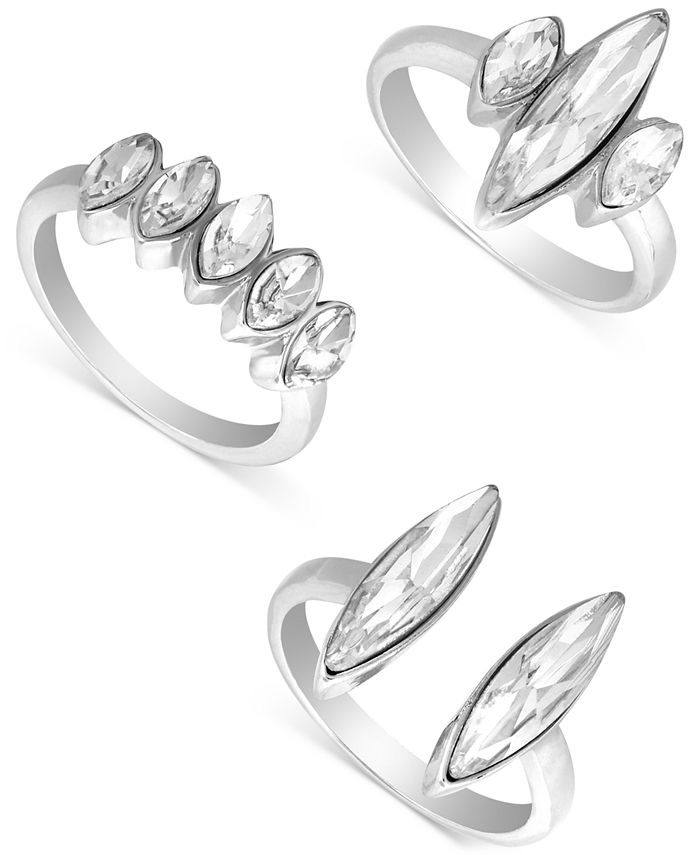GUESS Silver-Tone 3-Pc. Set Crystal Stackable Rings - Macy's