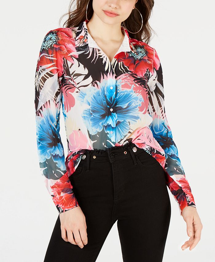 GUESS Printed Lace-Trim Button-Front Top - Macy's