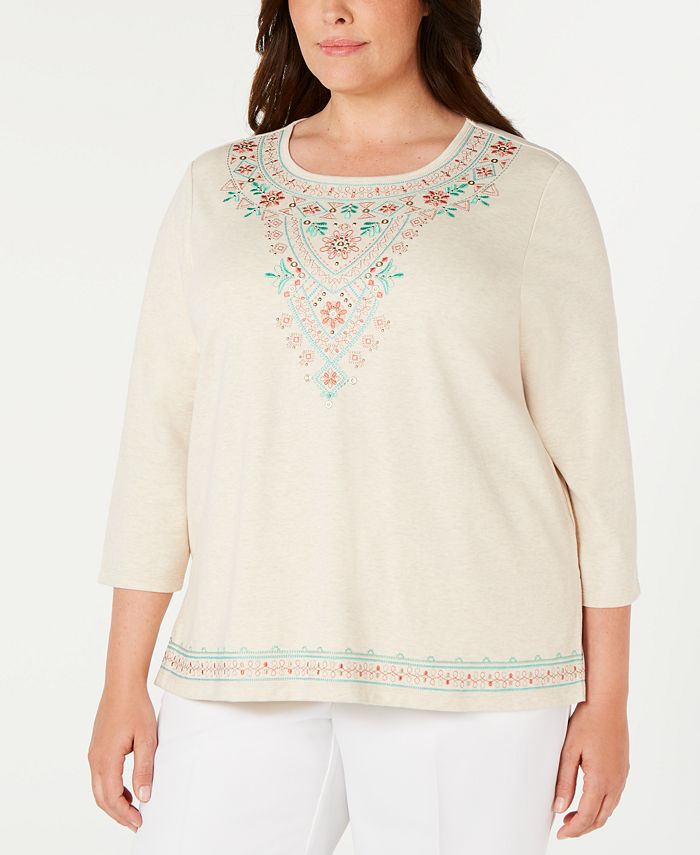 Alfred Dunner Plus Size Coastal Drive Embroidered Studded Top & Reviews ...