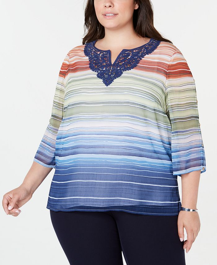 Alfred Dunner Plus Size Lake Tahoe Lace Striped Blouse - Macy's