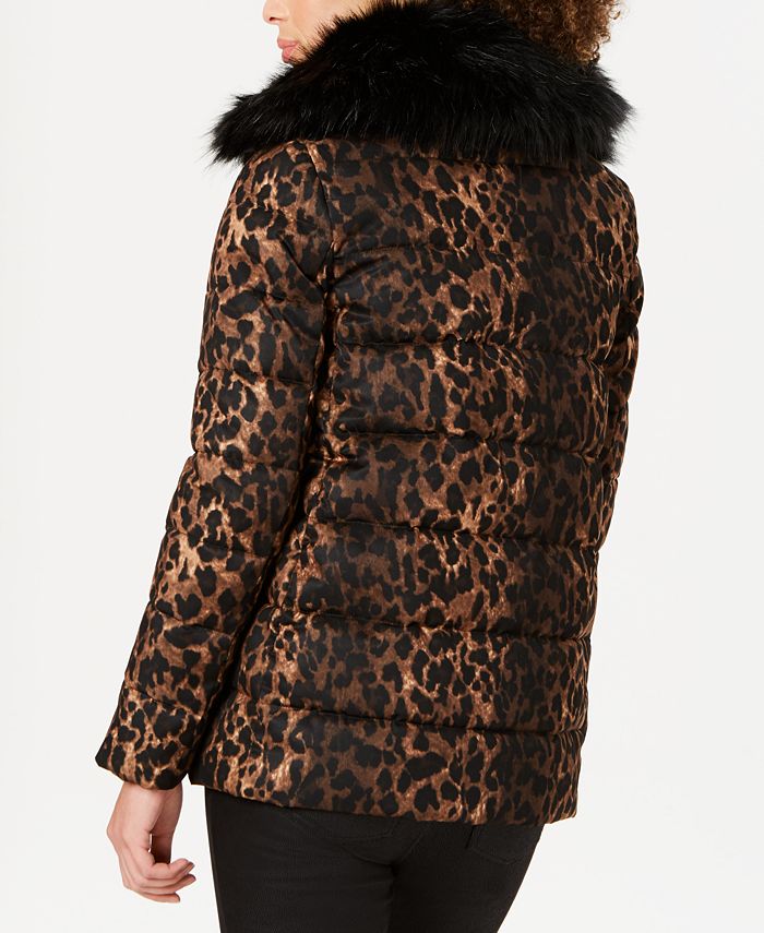 Tahari Leopard-Print Puffer Coat with Faux-Fur-Collar - Macy's