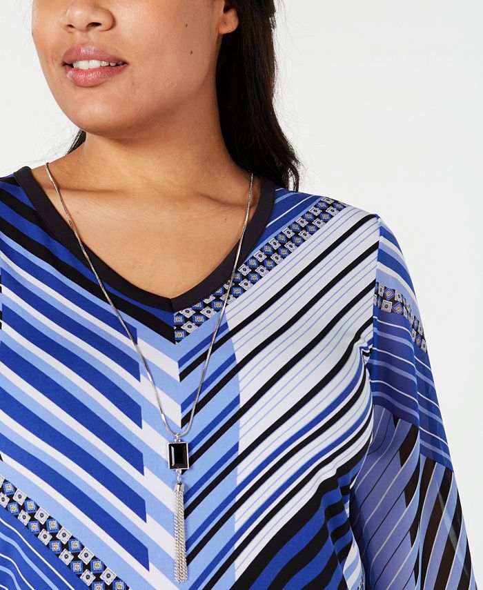 JM Collection Plus Size Printed Chiffon-Sleeve Necklace Top, Created ...
