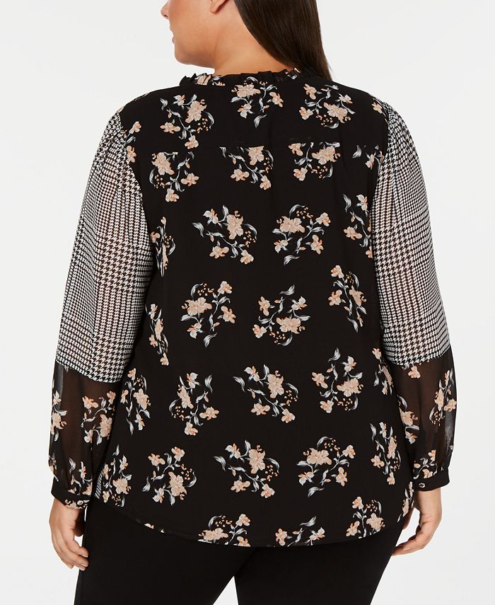 Calvin Klein Plus Size Mixed-Print Ruffle-Neck Top - Macy's