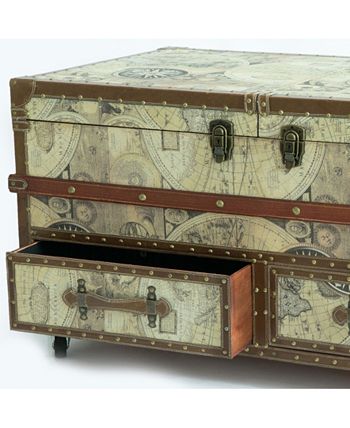 Vintiquewise Old World Map Print Coffee End Table and Wine Bar Trunk ...