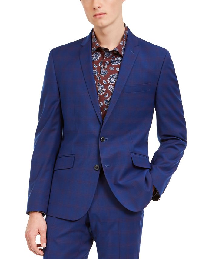 Billy London Men's Slim-Fit Performance Stretch Blue/Burgundy Plaid ...