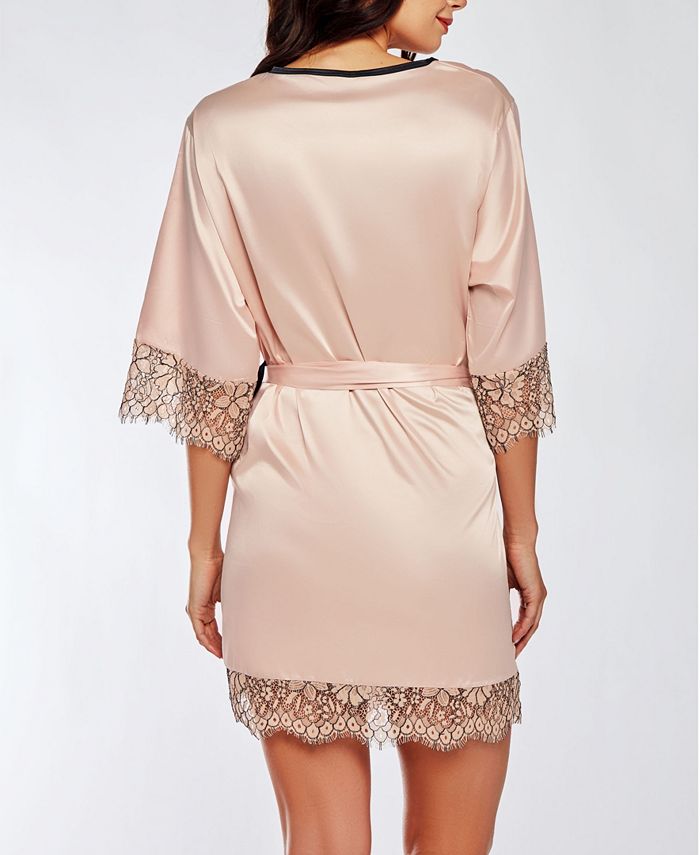 iCollection Contrast-Trim Silky Robe with Eyelash Flower Lace - Macy's