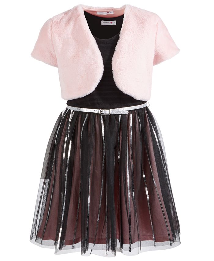 Beautees Big Girls 2-Pc. Sequined Mesh Dress & Faux-Fur Jacket Set - Macy's