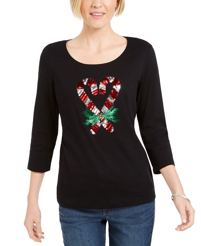Karen Scott Sequined Candy Cane Top, Created For Macy's - Macy's