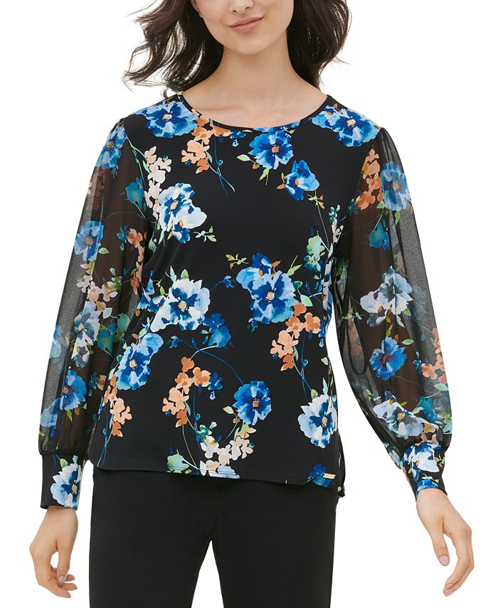 Calvin Klein Floral-Print Chiffon-Sleeve Top - Macy's