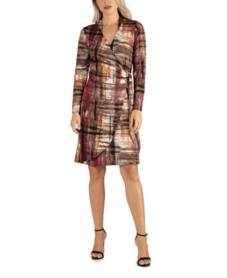 24seven Comfort Apparel Women's Knee Length Long Sleeve Wrap Dress - Macy's