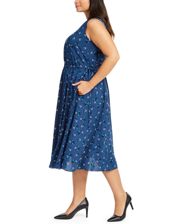 Anne Klein Plus Size Botanical Print Tie-Waist Midi Dress - Macy's