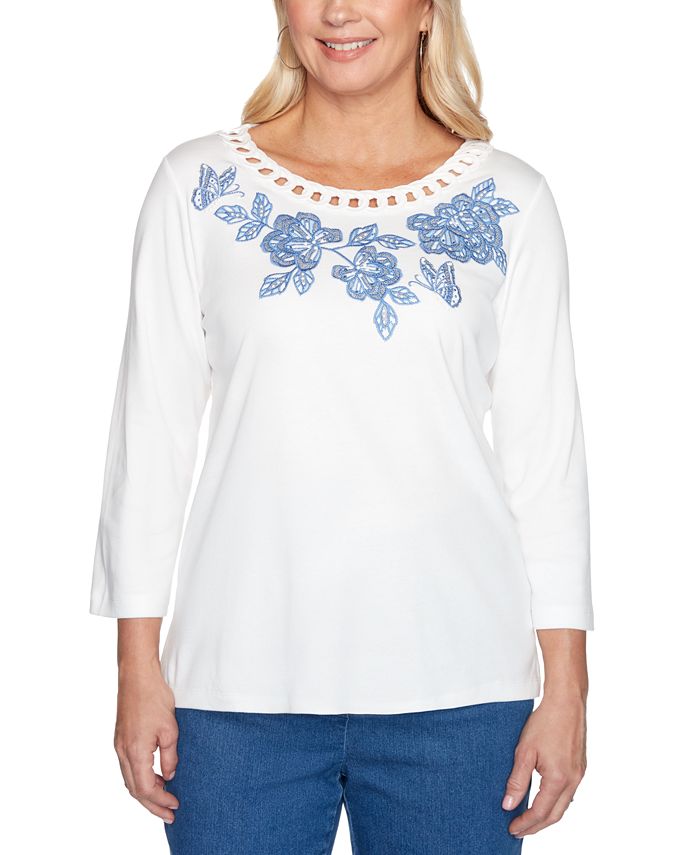 Alfred Dunner Pearls of Wisdom Embroidered Cutout-Trim Top - Macy's