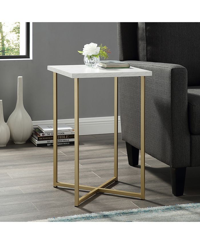 Walker Edison 16 inch Square Side Table with Faux Marble Top and Gold ...