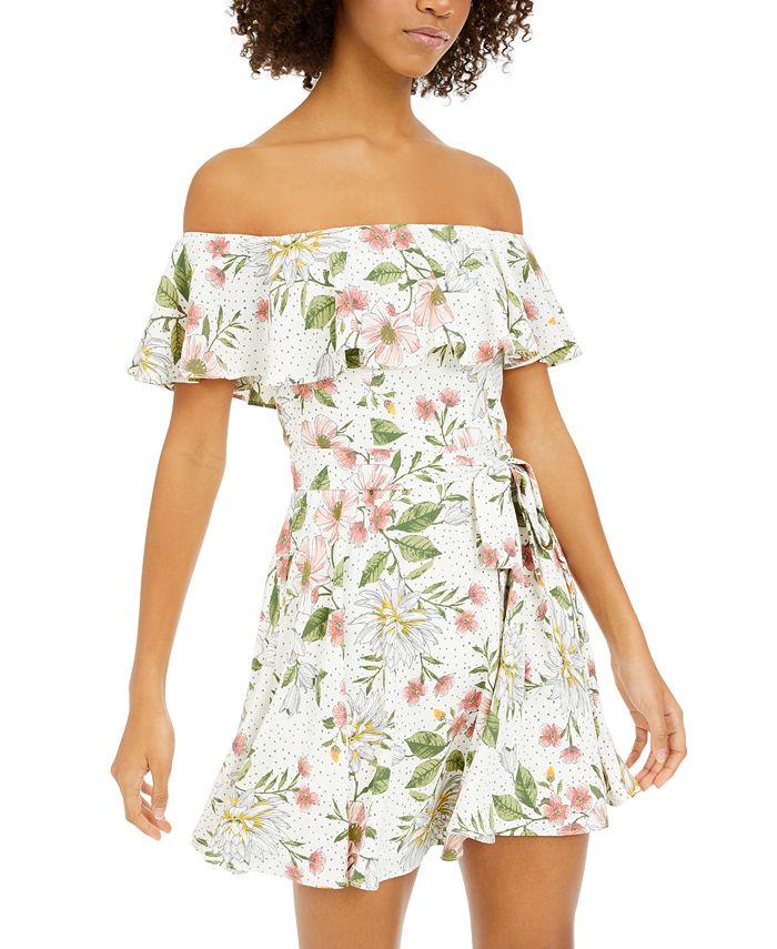 City Studios Juniors' Printed Ruffled Off-The-Shoulder Fit & Flare ...