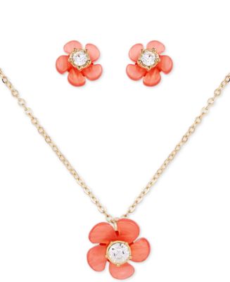GUESS Gold-Tone Crystal Flower Pendant Necklace & Stud Earrings Set ...