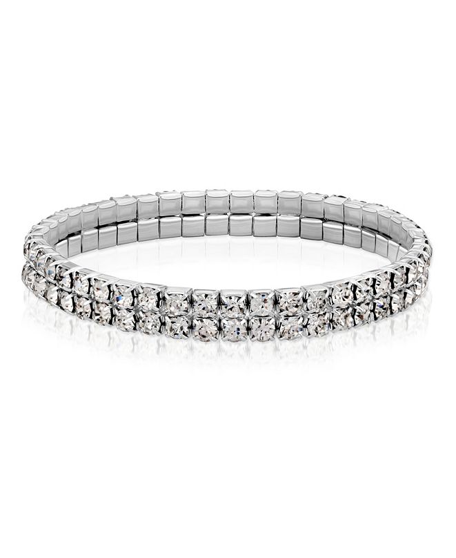 2028 Silver-Tone Clear Crystal 2-Row Rhinestone Stretch Bracelet ...