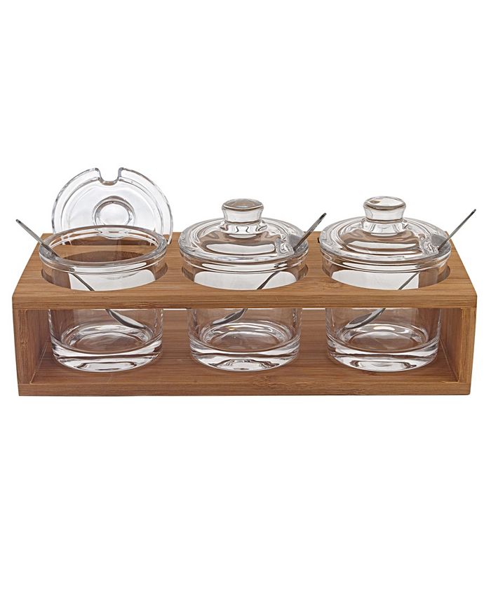 Badash Crystal Glass Jam Set with 3 Glass Jars and Spoons on A Wood ...