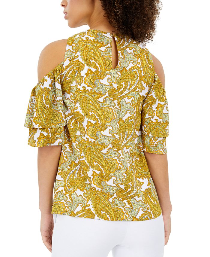 Michael Kors Paisley-Print Cold-Shoulder Ruffled-Sleeve Top - Macy's