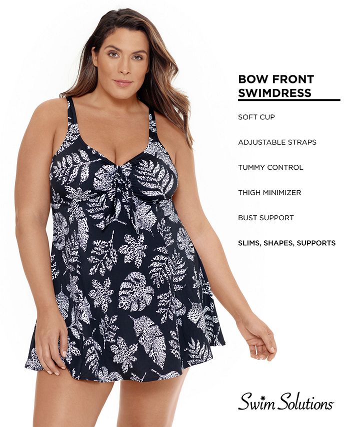 Swim Solutions Plus Size Spotted Leaves Printed Bow Front Tummy Control