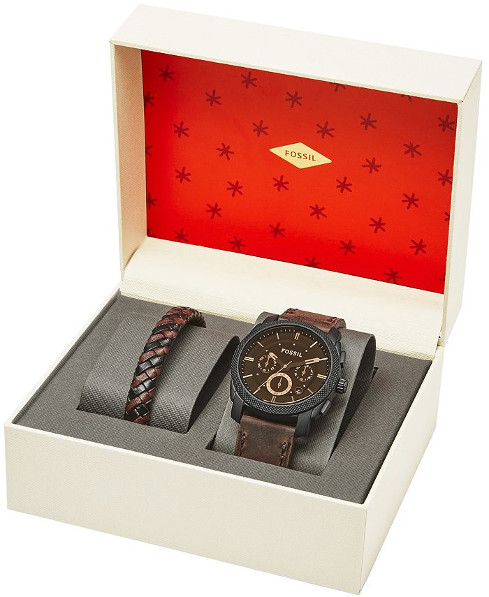 Fossil Machine Chronograph Dark Brown Leather Watch and Bracelet Box ...