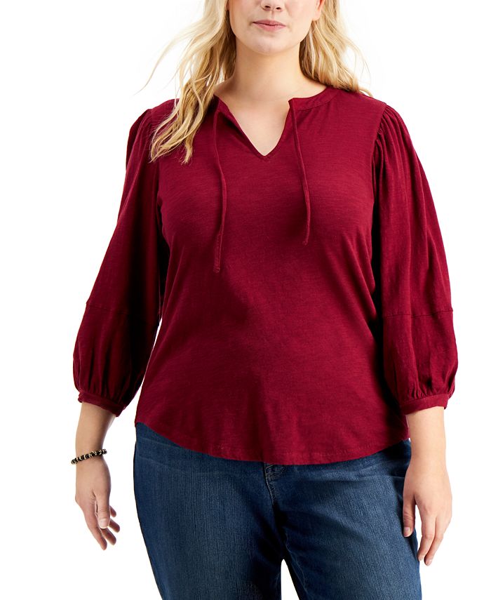 Style & Co Plus Size Balloon-Sleeve Cotton Top, Created for Macy's - Macy's