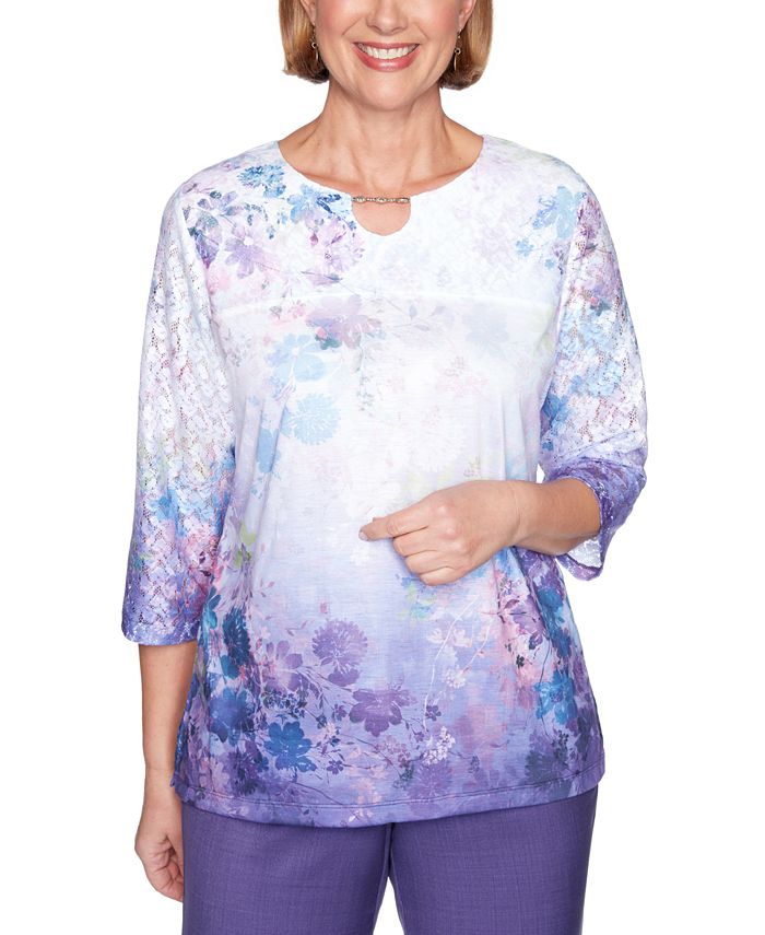 Alfred Dunner Petite Printed Lace-Sleeve Top - Macy's