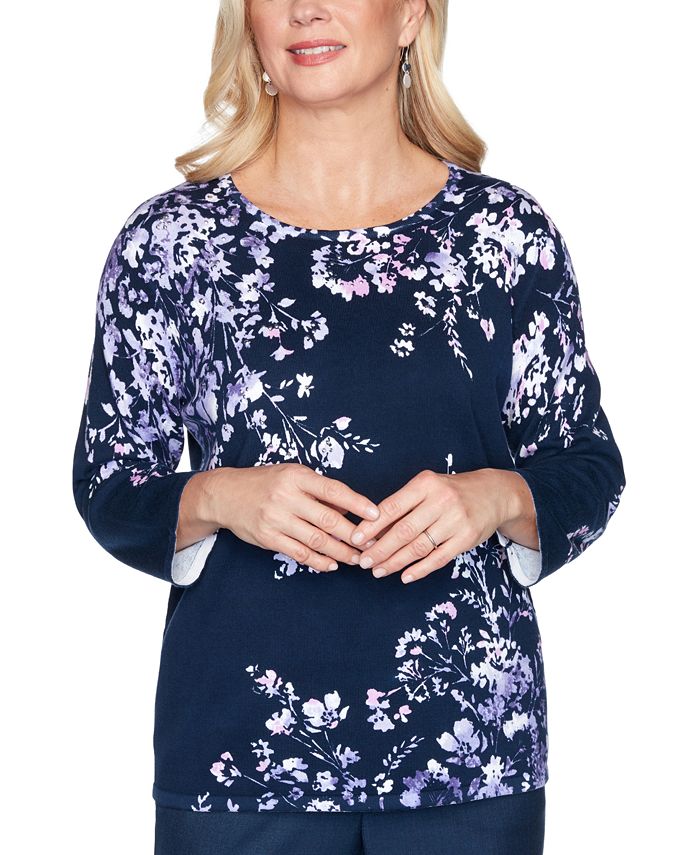 Alfred Dunner Petite Cotton Printed Studded Sweater - Macy's