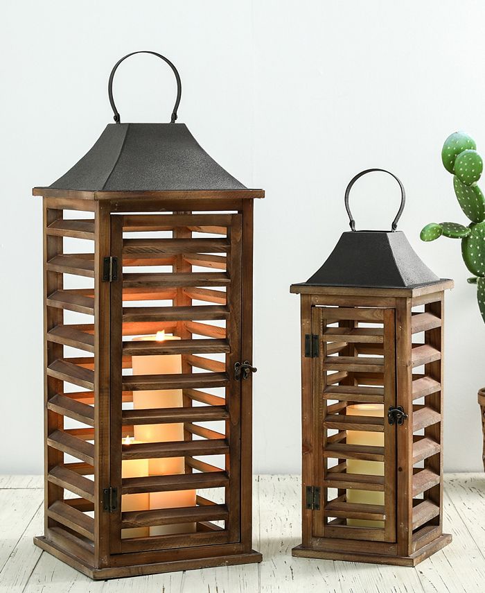 Glitzhome Set of 2 Farmhouse Natural Wooden Shutter Lanterns - Macy's