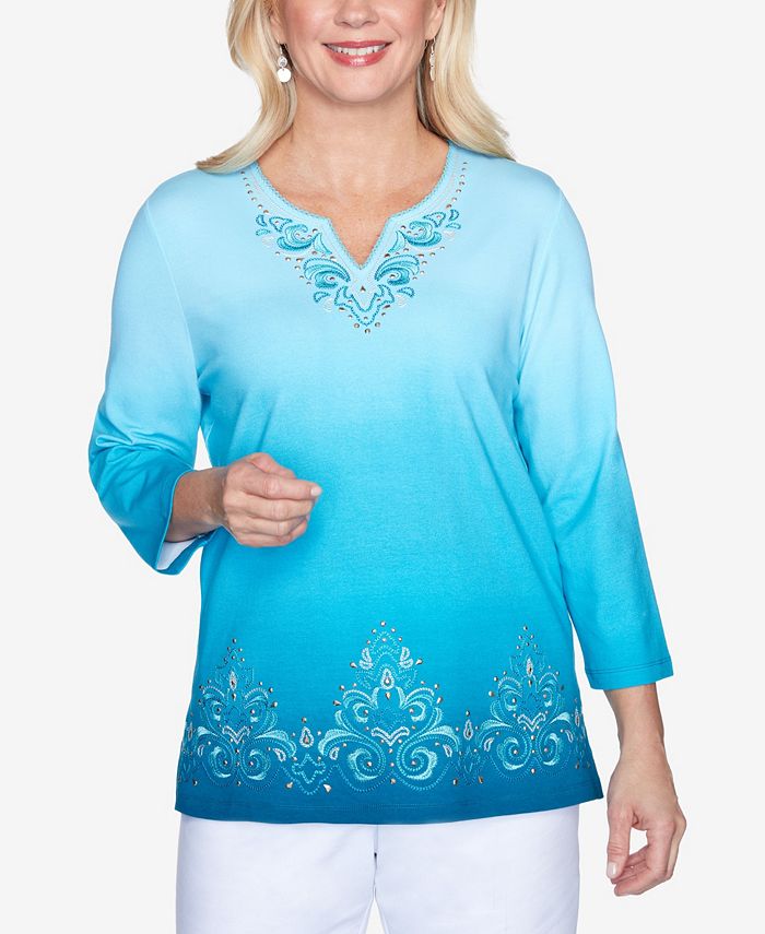 Alfred Dunner Women's Colorado Springs Ombre Scroll Embroidery Top - Macy's