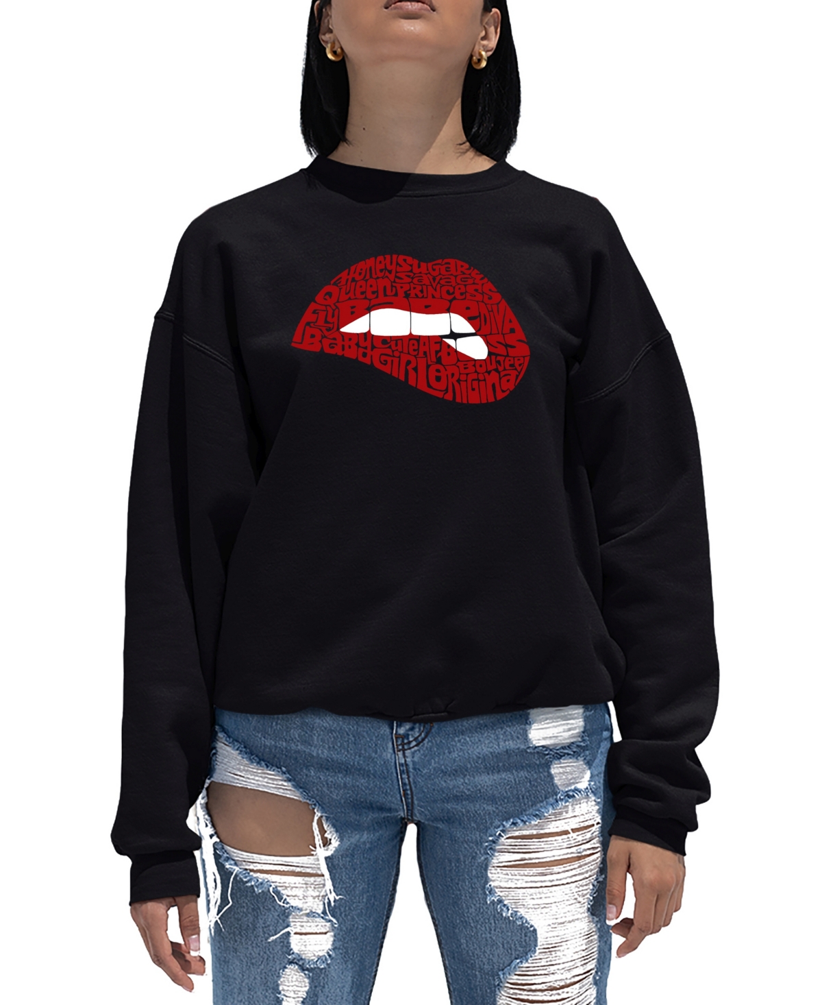 Click here for Womens Plus Size Word Art Crewneck Savage Lips Swe... prices