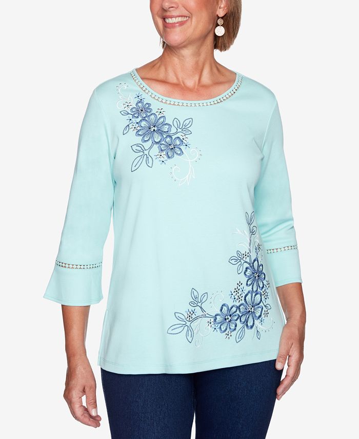 Alfred Dunner Petite Open-Trim Embroidered Top - Macy's