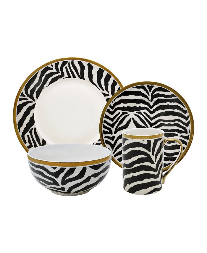 222 Fifth Serengeti Zebra with Electropated Gold16 Piece Dinnerware Set ...