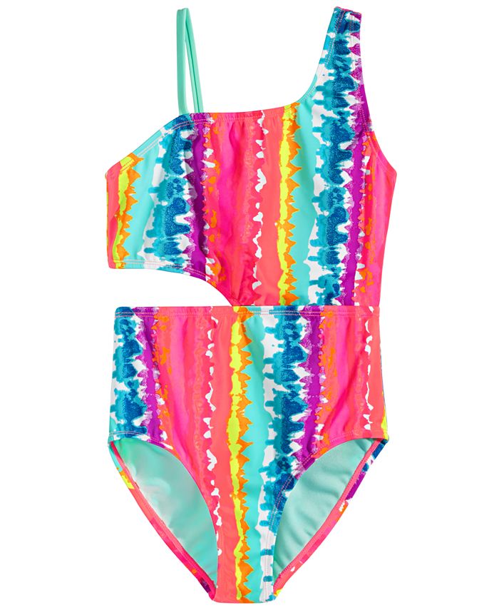 Breaking Waves Big Girls 1-Pc. Tie-Dyed One-Shoulder Cut Out Swim Suit ...