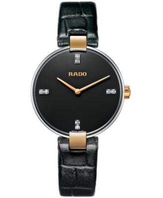 Rado Women's Swiss Coupole Diamond Accent Black Leather Strap Watch ...