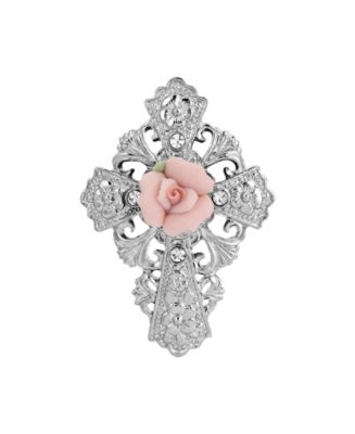 Silver-Tone Pink Porcelain Rose Cross Pin - Macy's