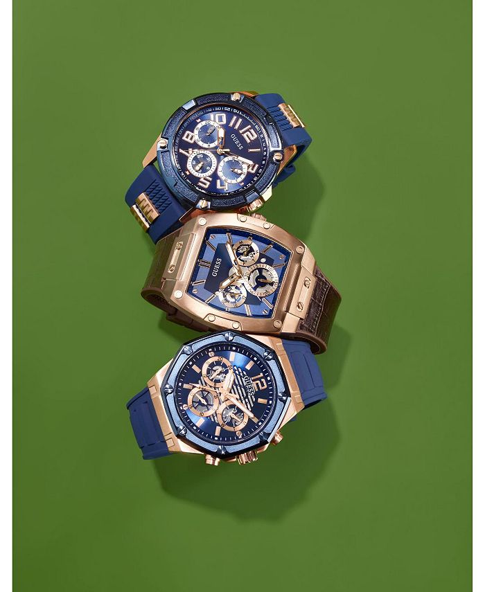 GUESS Men's Multi-Function Rose Gold-Tone Brown Leather Silicone Strap ...