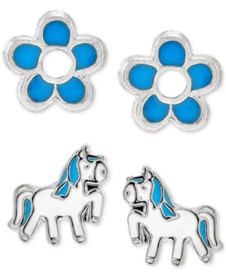 Children's 2-Pc. Set Enamel Flower & Pony Stud Earrings in Sterling ...