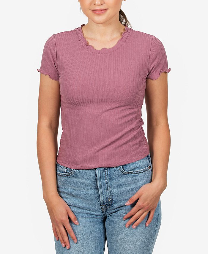 Pink Rose Juniors' Lettuce-Edge Ribbed-Knit Top - Macy's