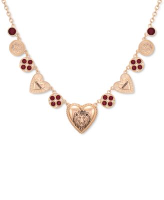 GUESS Gold-Tone Multi-Stone, Logo & Lion Heart Statement Necklace, 16 ...