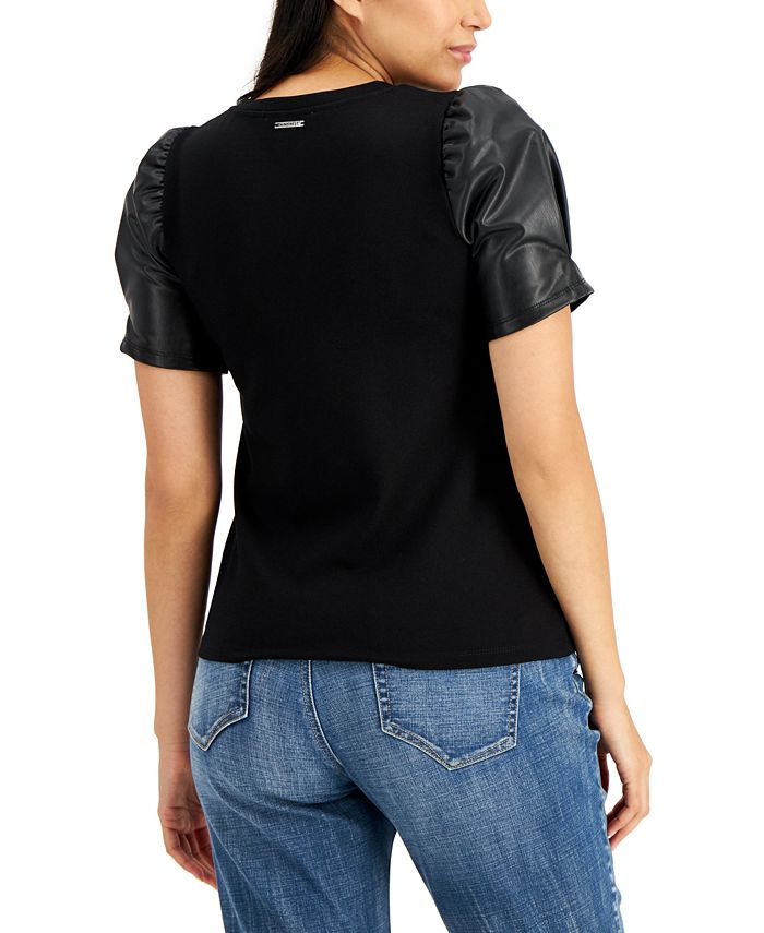 Nine West Faux-Leather Puff-Sleeve Top - Macy's