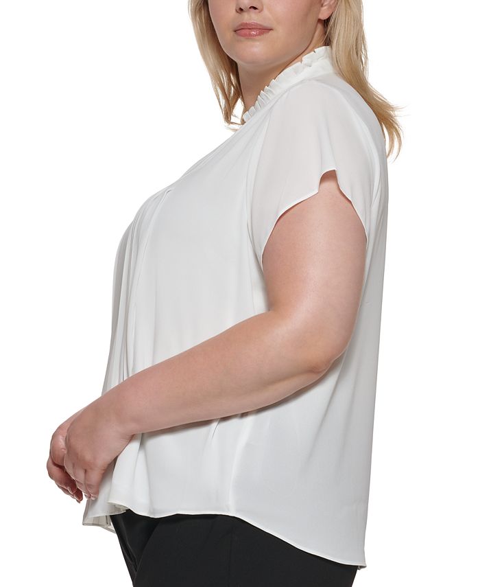 Calvin Klein Plus Sleeve Ruffled Split Neck Blouse - Macy's