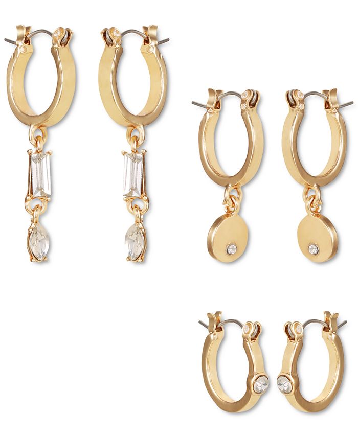 GUESS Gold-Tone 3-Pc. Set Crystal Hoop & Charm Earrings - Macy's