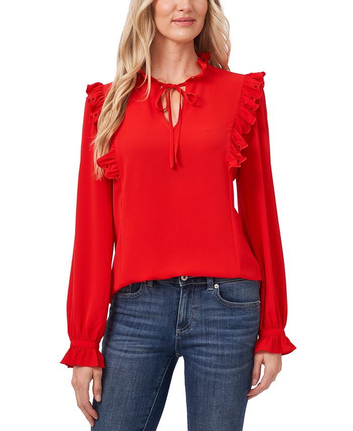 CeCe Women's Long Sleeve Ruffled Tie-Neck Blouse - Macy's