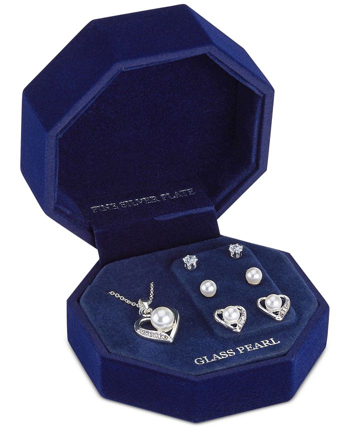 Macy's Silver Plate Cubic Zirconia Heart Necklace and Stud Earring Set ...