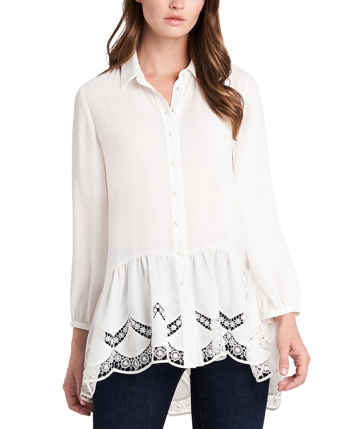 Vince Camuto Solid Lace-Trimmed Button-Down Tunic Top - Macy's