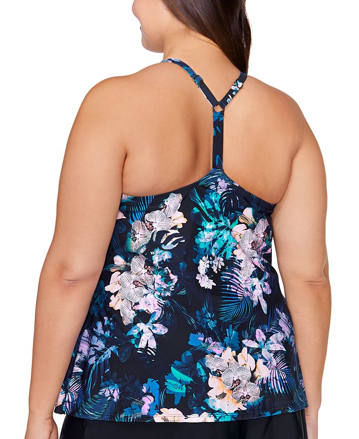 Island Escape Plus Size Floral Print T Back Underwire Tankini Top