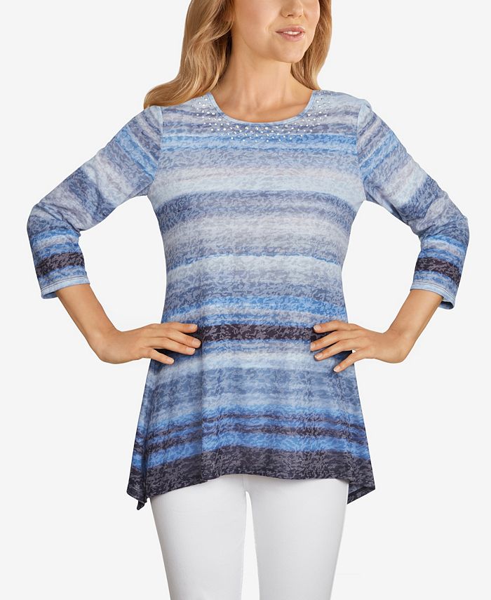 Ruby Rd. Petite Embellished Horizontal Stripe Printed Burnout Top - Macy's
