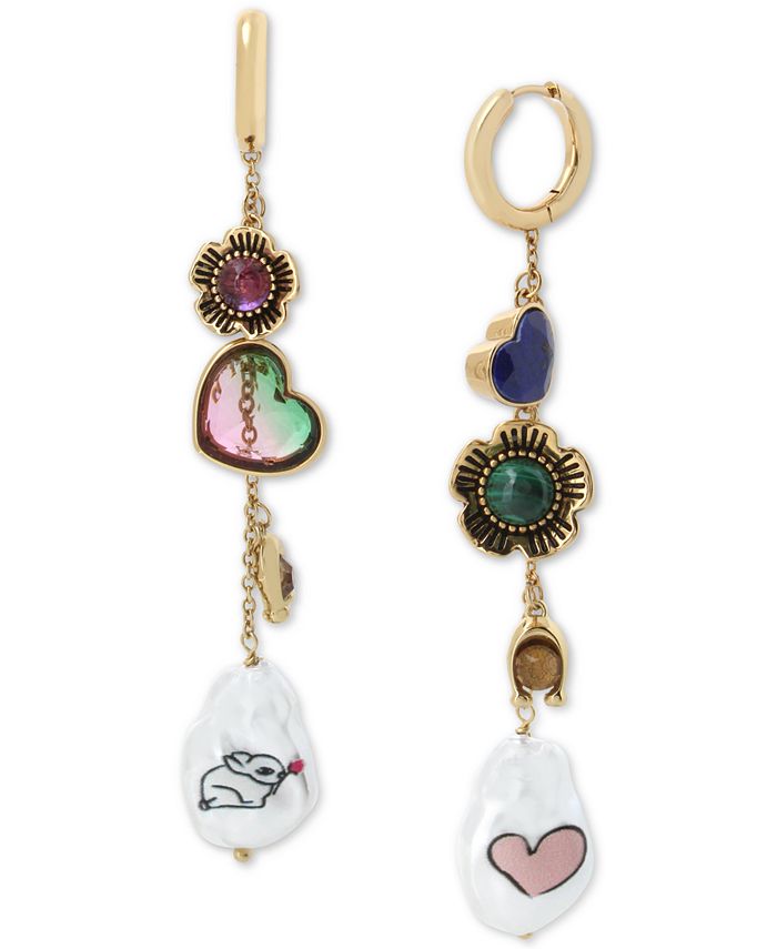 COACH Gold-Tone Mixed Gemstone Charm Mismatch Huggie Hoop Earrings - Macy's